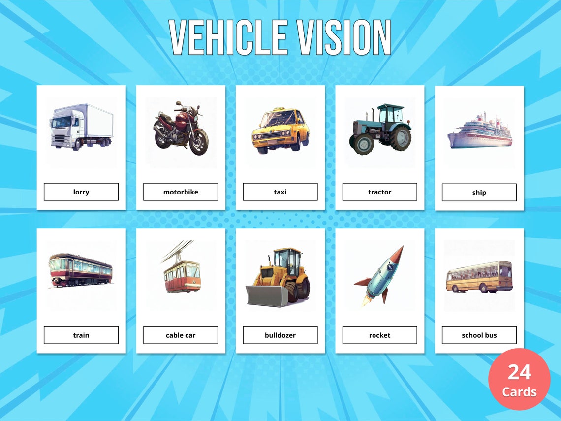 24 Vehicle Vision Flash Cards Printable for Kids (montessori Cards ...