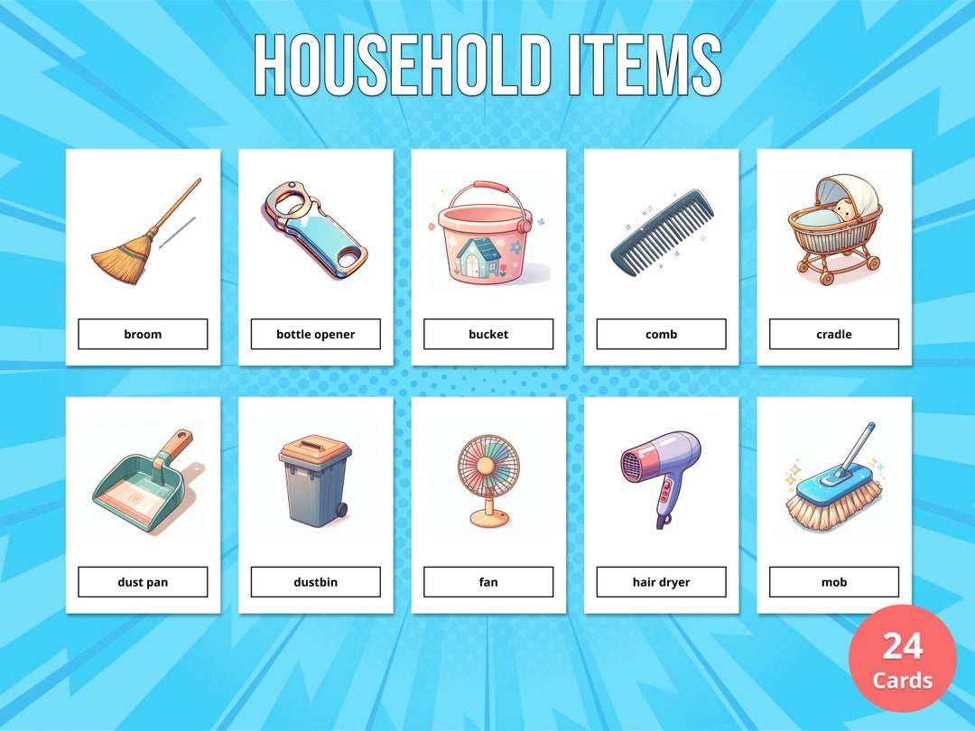 24 Household Items Flash Cards Printable for Kids (montessori Cards ...