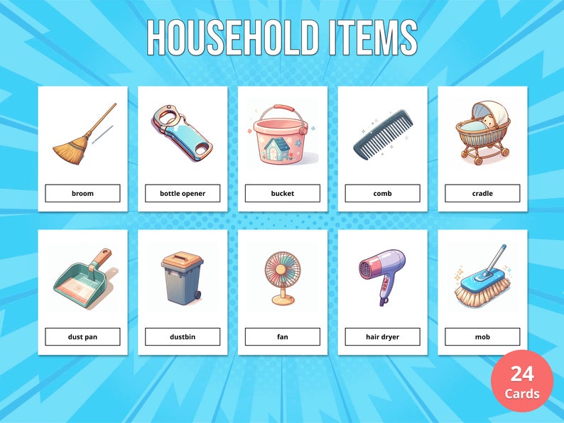 24 Household Items Flash Cards Printable for Kids (montessori Cards ...