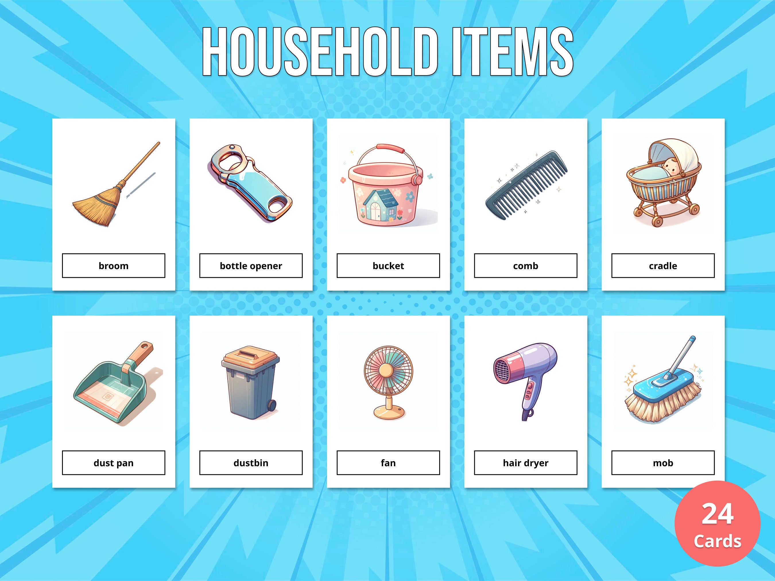 24 Household Items Flash Cards Printable for Kids (montessori Cards ...