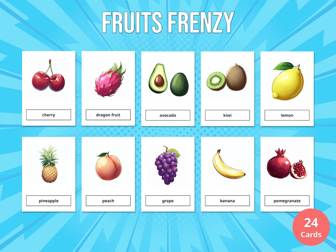 24 Fruits Frenzy Flash Cards Printable for Kids montessori Cards ...