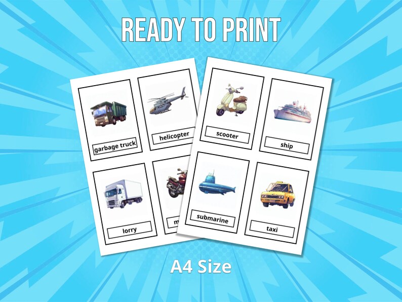 24 Vehicle Vision Flash Cards Printable for Kids (montessori Cards ...