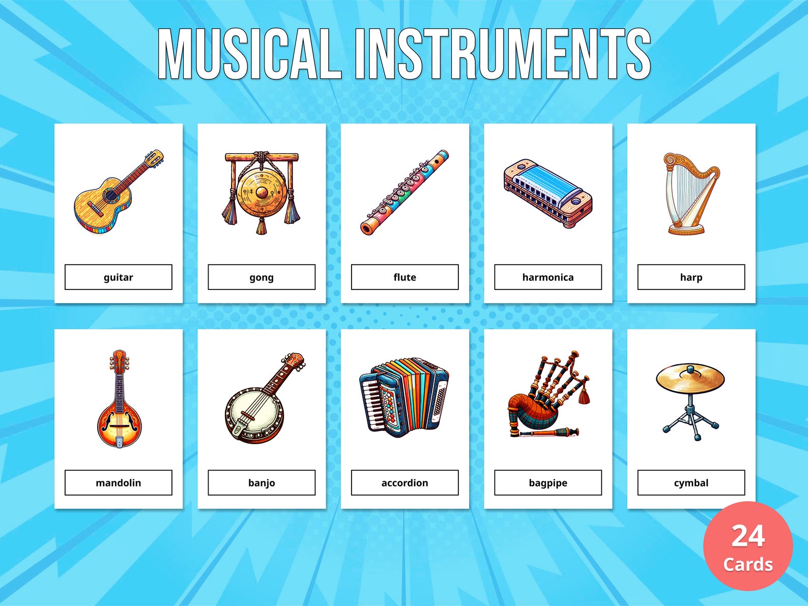 24 Musical Instruments Flash Cards Printable for Kids (montessori Cards ...
