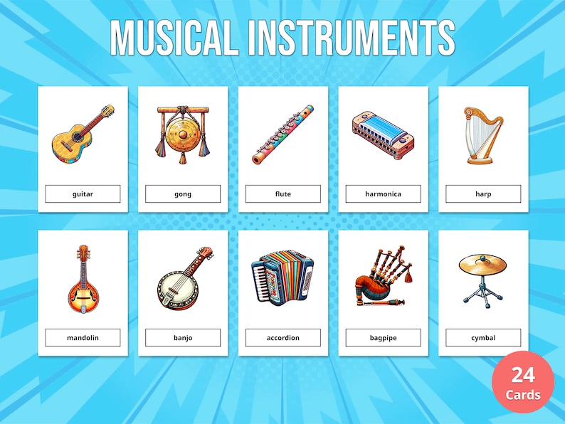 24 Musical Instruments Flash Cards Printable for Kids (montessori Cards ...
