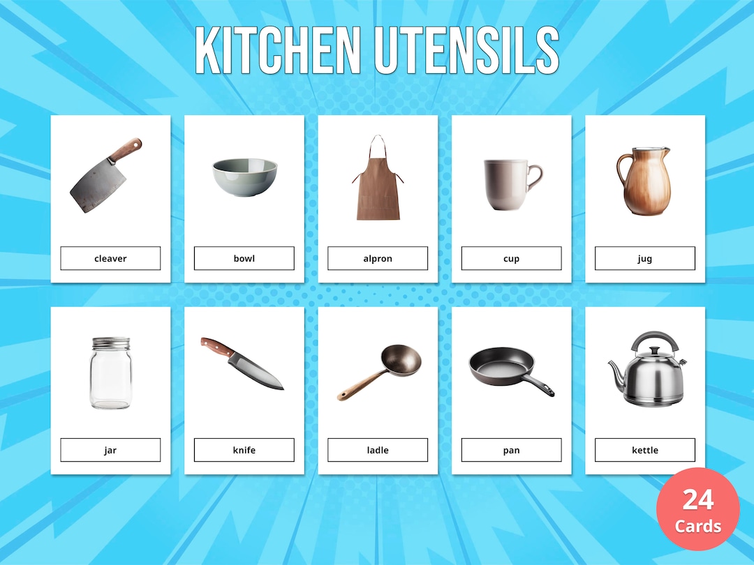 24 Kitchen Utensils Flash Cards Printable for Kids montessori - Etsy