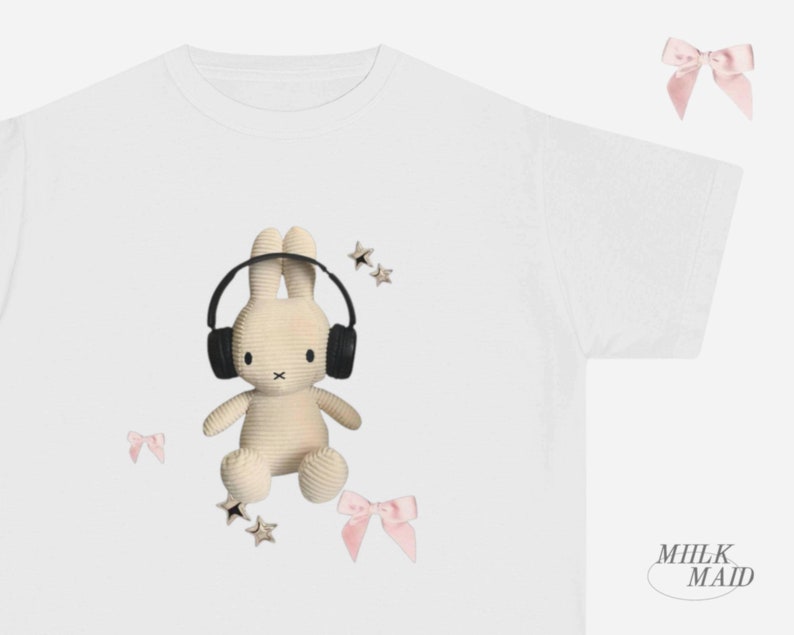 Miffy Bunny Pink Ribbon Bow Headphone T-shirt Coquette Silver Star Y2K ...