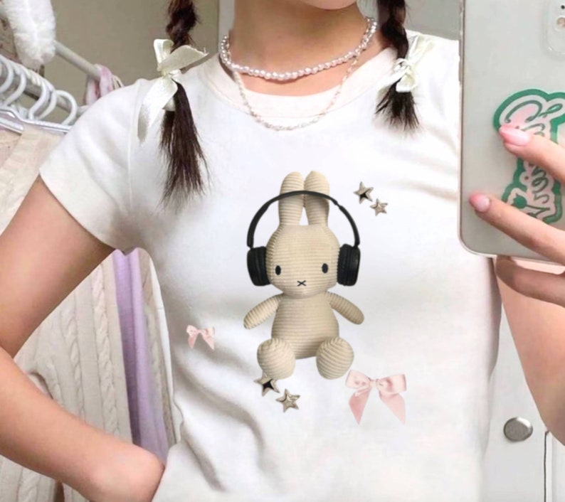 Miffy Bunny Pink Ribbon Bow Headphone T-shirt Coquette Silver Star Y2K ...