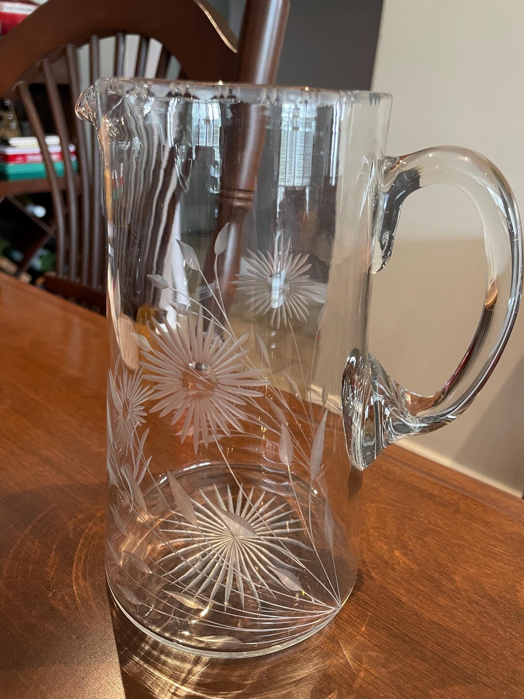 VTG MCM Hand Blown Glass Pitcher With Deep Star Patten in Bottom and ...