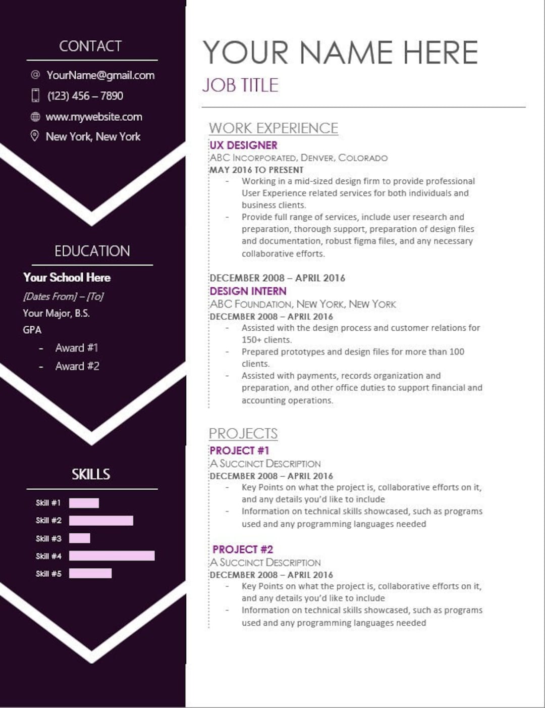 Purple Arrow - Microsoft Word Resume Template - Etsy