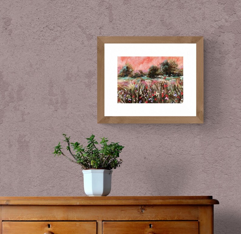 Coral Spring Meadow Pastel Painting Cottagecore Decor Floral Landscape ...