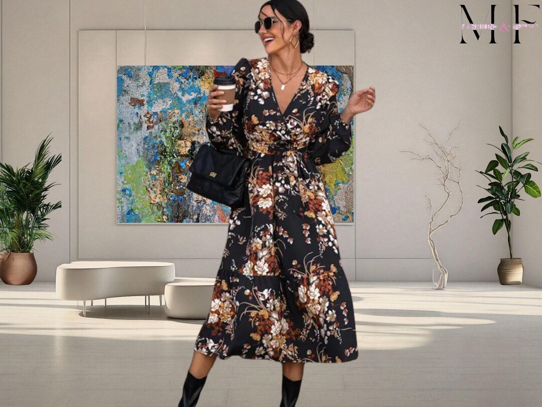 Autumn Ruffle Dress With Chic Print Women's Belted Dress, Feminine ...