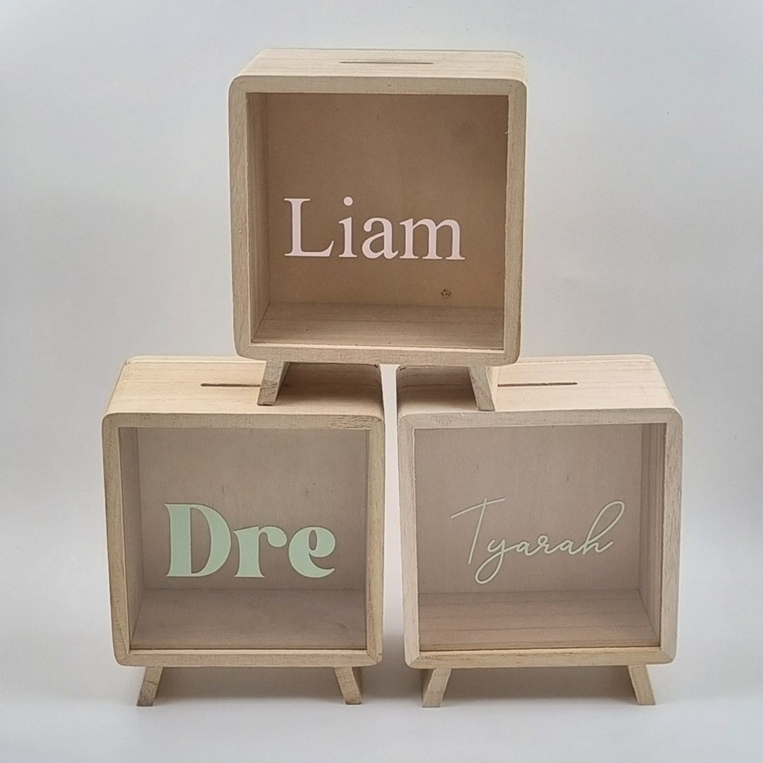 Minimalist Wooden Money Box | Personalised | Pastel Colour | Name ...