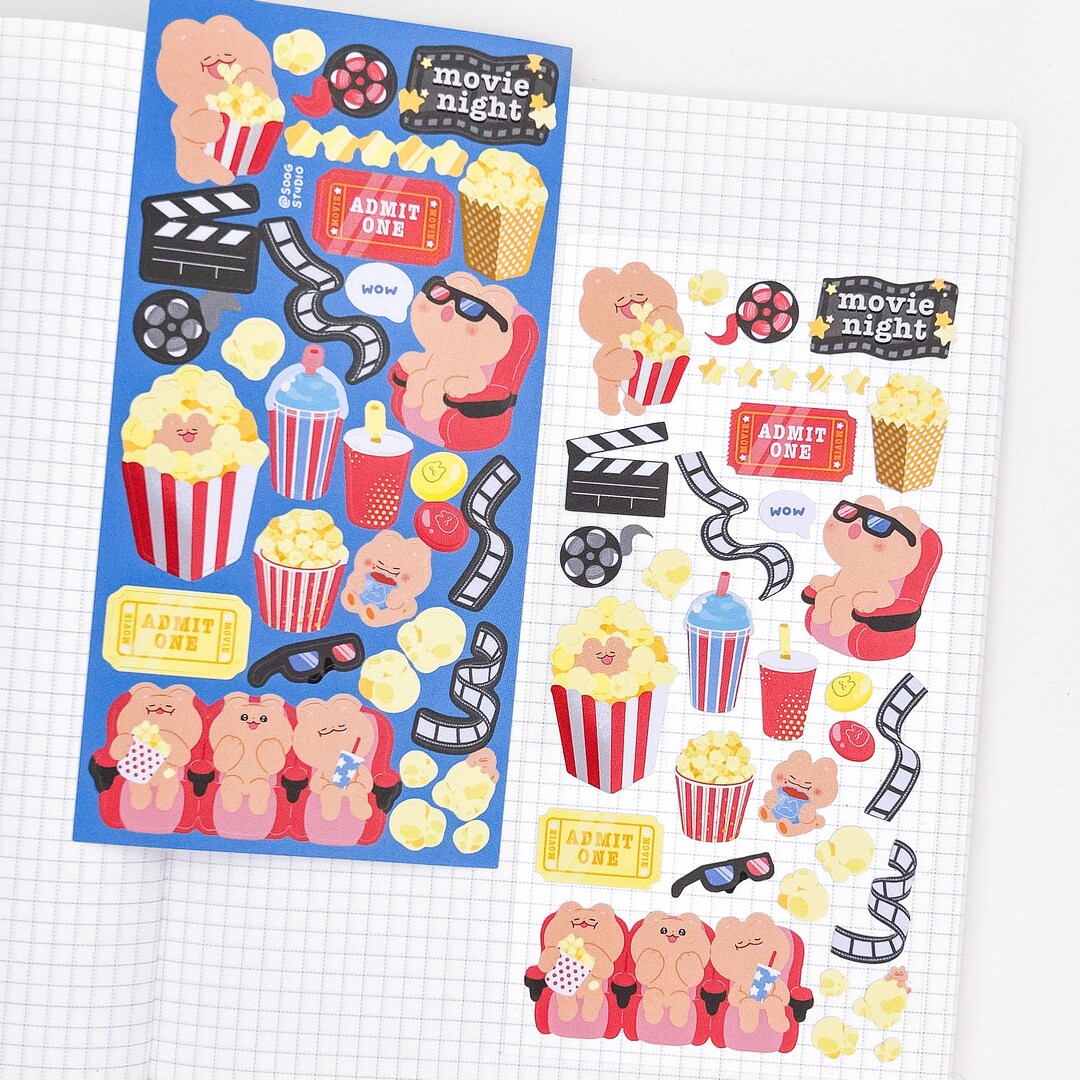 Movie Night Sticker Sheet | Cute Movie-loving Bear Stickers for ...