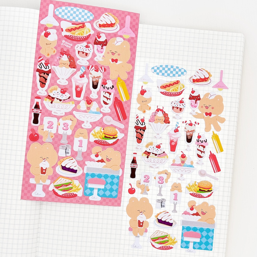 Retro Diner Desserts and Food Sticker Sheet | Cute Diner Bear Stickers ...