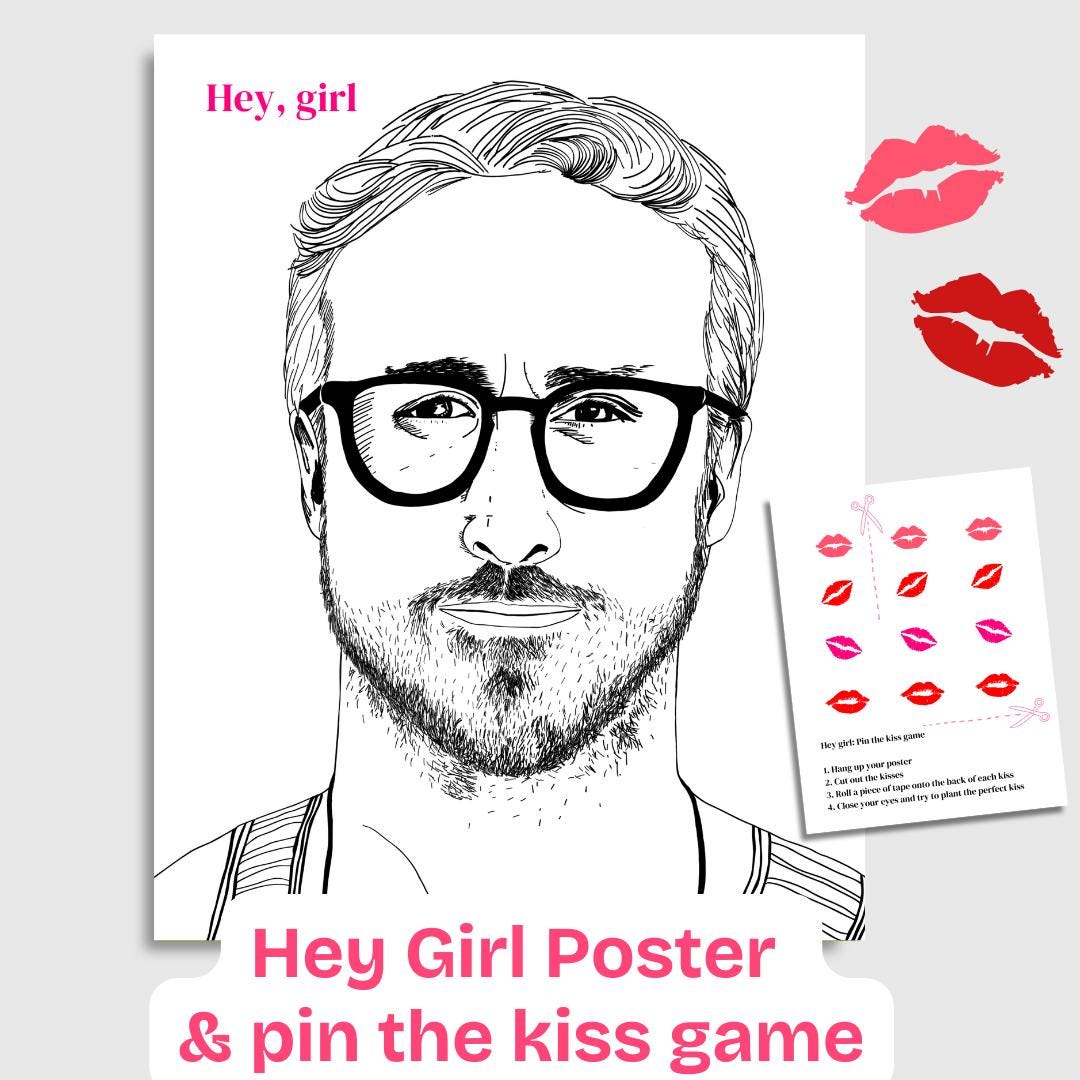Hey Girl Poster Print, Pin the Kiss Bachelorette Party Game (digital ...