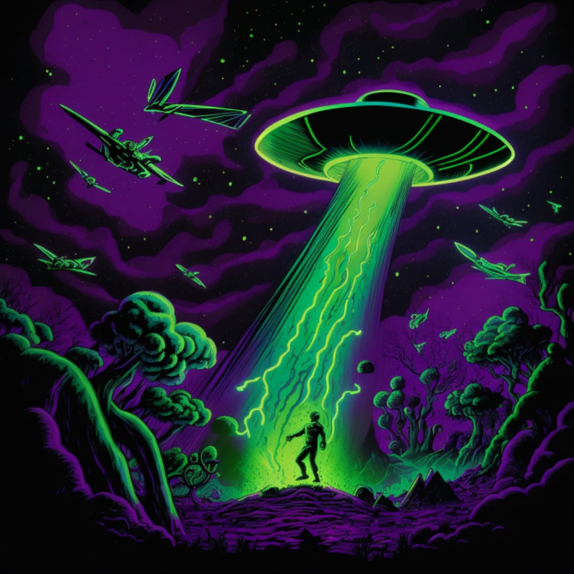 Vibrant Neon UFO Abduction Print (neon Surrealism, Sci-fi Art ...