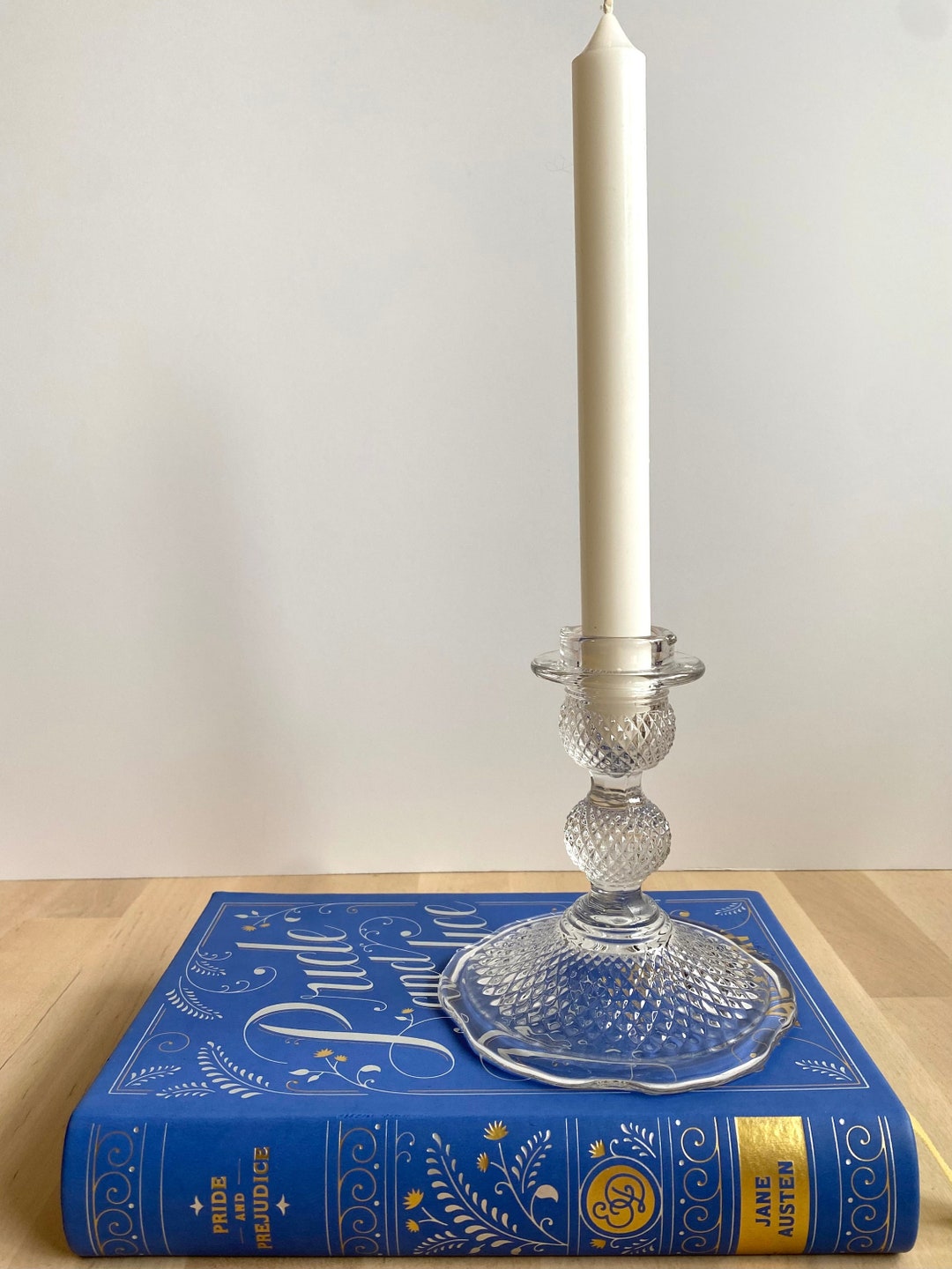 Vintage Mid-century Clear Crystal Glass Diamond Cut Pattern Candlestick ...