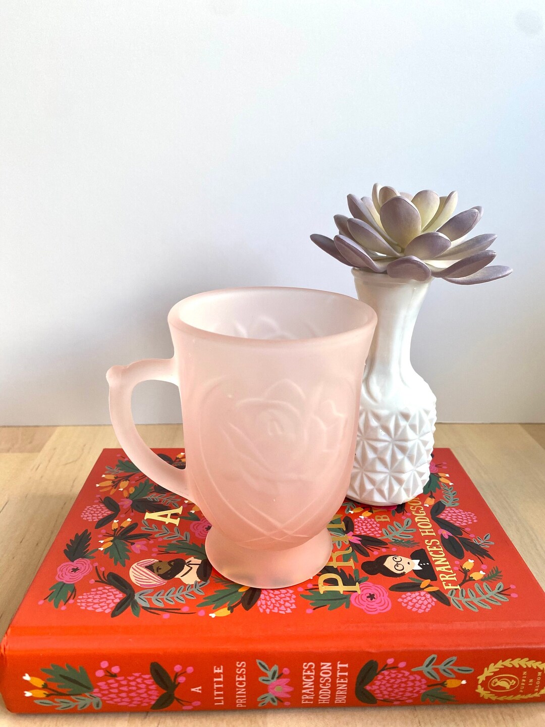 Vintage Frosted Pink Colored Glass Pedestal Mug With Rose Etched ...
