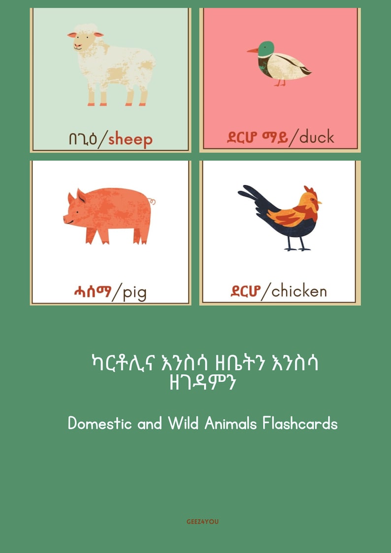 Domestic and Wild Animals Flashcards in Tigrinya - Etsy