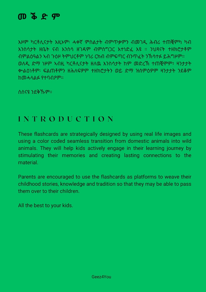 Domestic and Wild Animals Flashcards in Tigrinya - Etsy UK