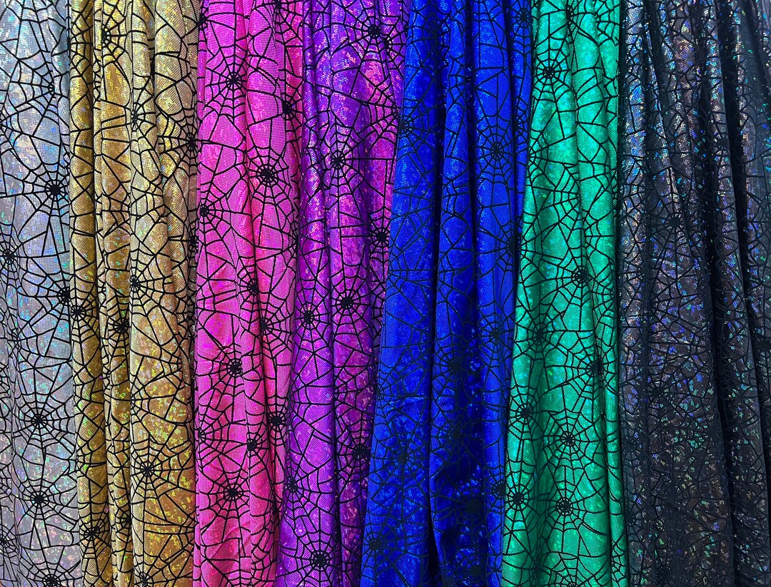Spider Webs Pattern Design Print on Hologram Metallic Nylon Spandex ...