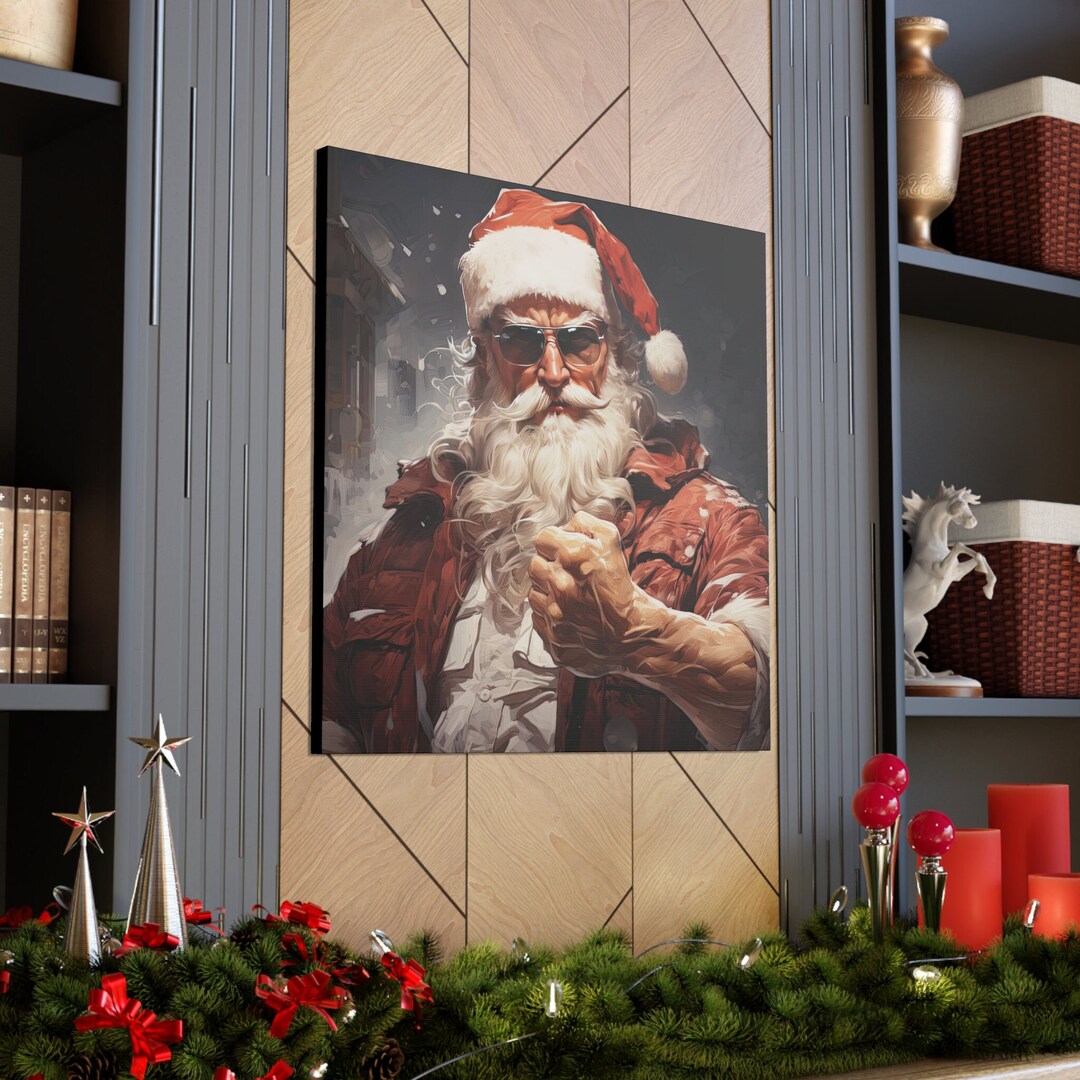 Winter Canvas Art, Portrait Home Decor, Urban Santa Portrait Art, Santa ...