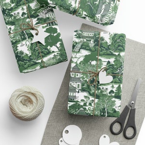 Chinoiserie Christmas Wrapping Paper Roll, Green & White Toile Gift ...