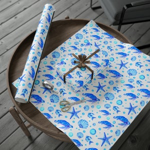 Blue Underwater Gift Wrapping Paper Roll, Ocean Turtles Seashells Fish ...