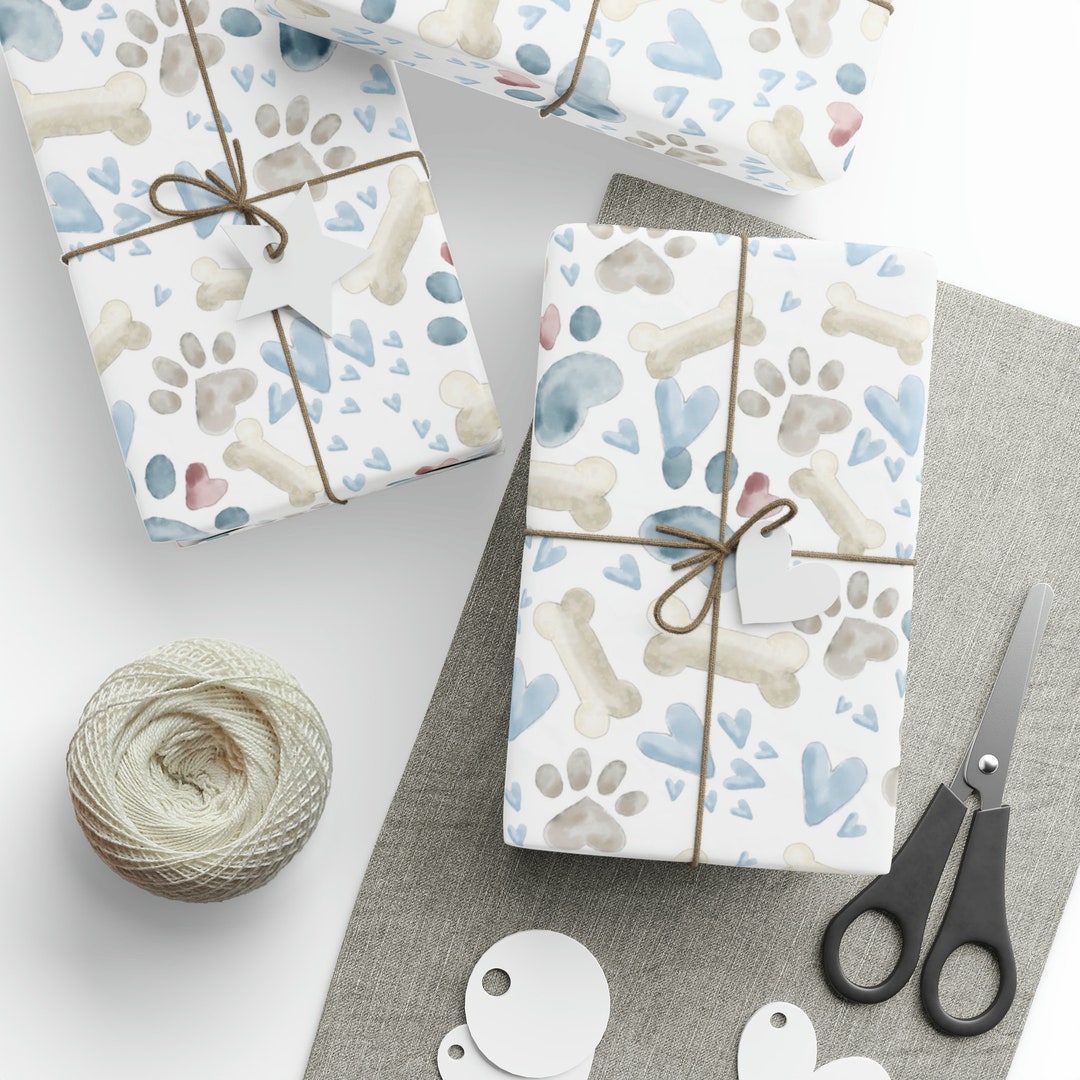 Paw Print Gift Wrapping Paper Roll, Watercolor Paw Prints, Bones ...