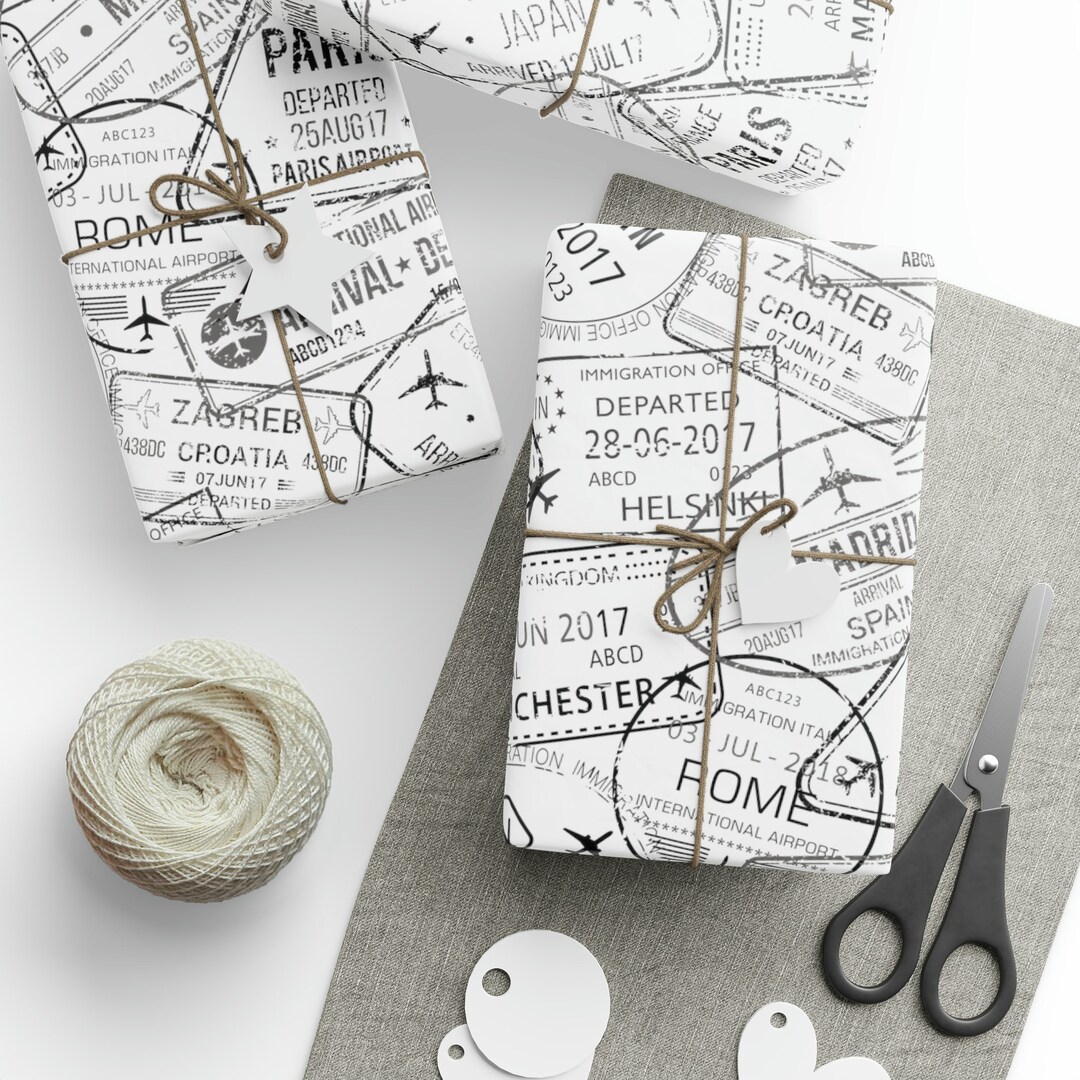Passport Stamps Wrapping Paper Roll, Vacation Travel Gift Wrap, Black ...