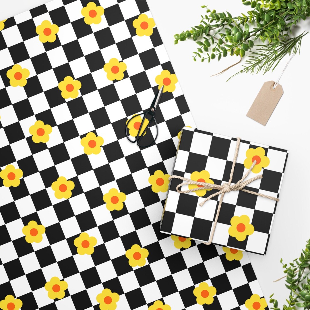 Checkered Wrapping Paper Roll Black and White Yellow Daisies - Etsy