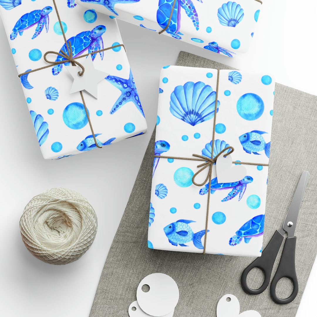 Blue Underwater Gift Wrapping Paper Roll, Ocean Turtles Seashells Fish ...