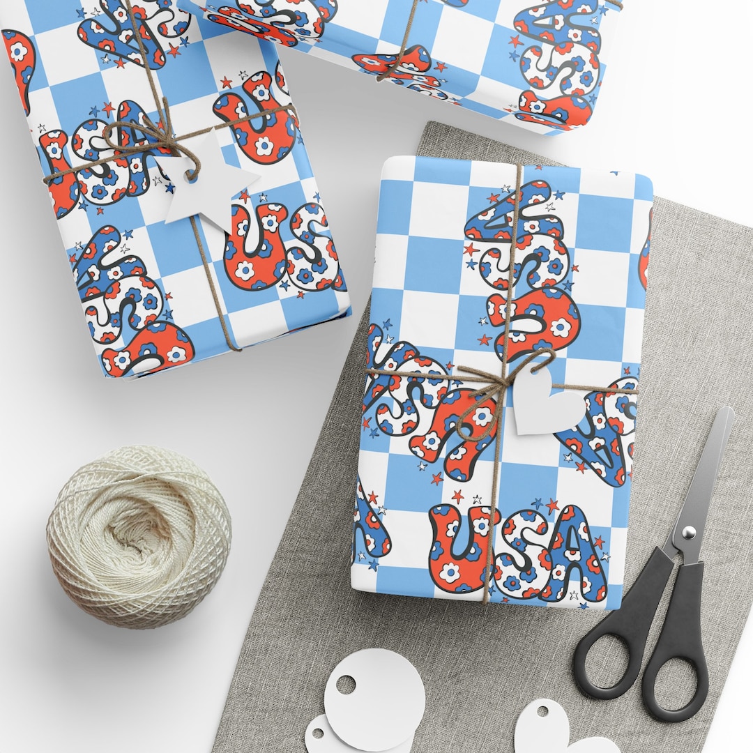 USA Wrapping Paper Roll, Retro Red White Blue Gift Wrap, Independence ...