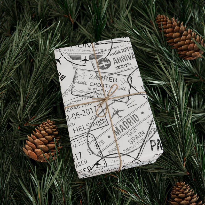 Passport Stamps Wrapping Paper Roll, Vacation Travel Gift Wrap, Black ...