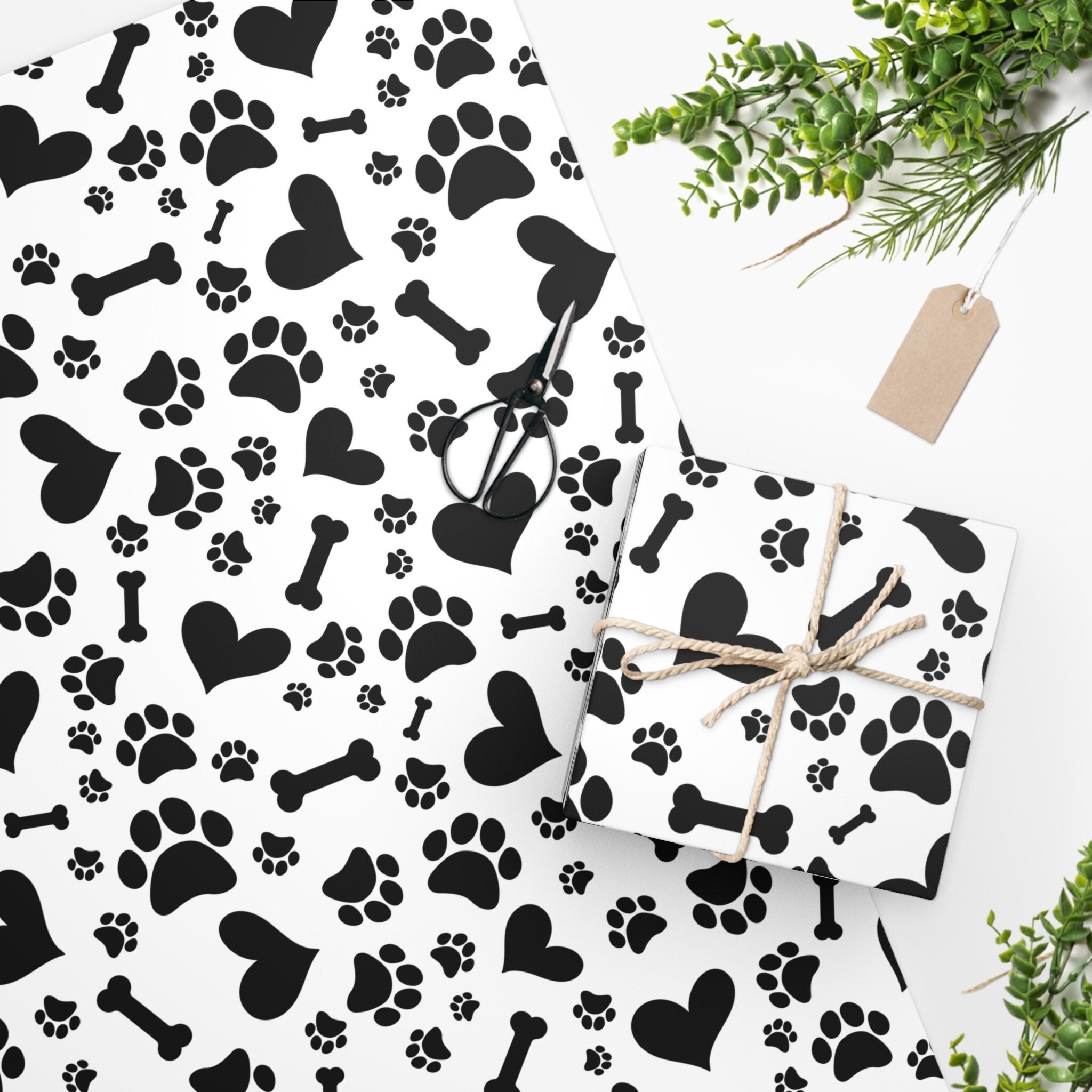Paw Print Dog Bones Wrapping Paper Roll Black and White - Etsy