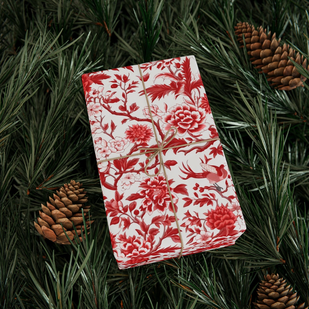 Chinoiserie Christmas Wrapping Paper Roll, Red and White Toile Gift ...