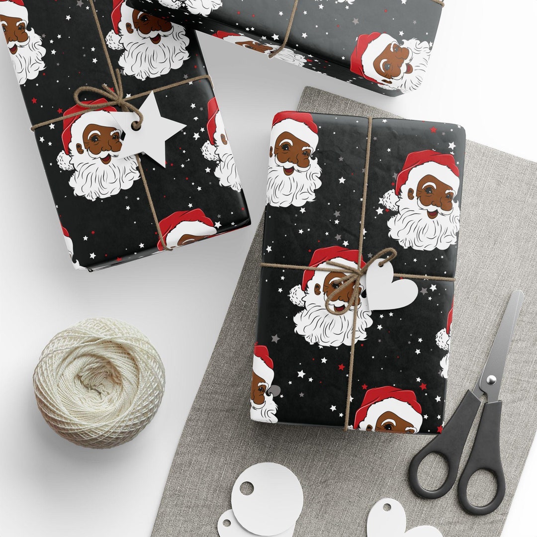 Black Santa Wrapping Paper Roll, Retro Santas Gift Wrap, Stars, African ...