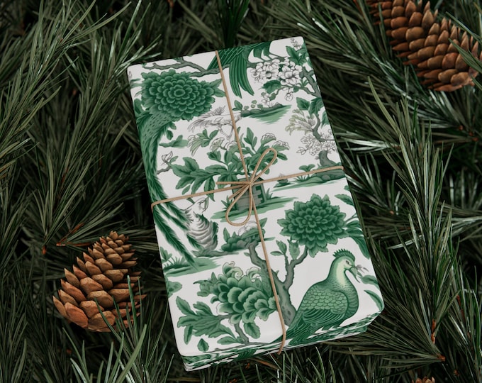 Chinoiserie Christmas Wrapping Paper Roll, Green & White Toile Gift ...