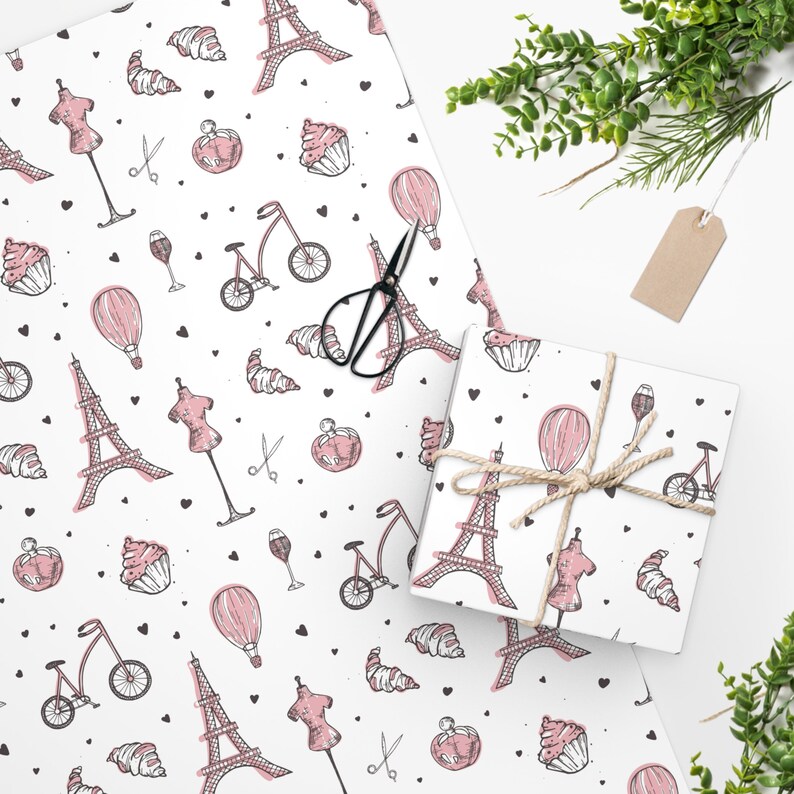 Paris France Wrapping Paper Roll, Pink Black Paris Symbols Gift Wrap ...