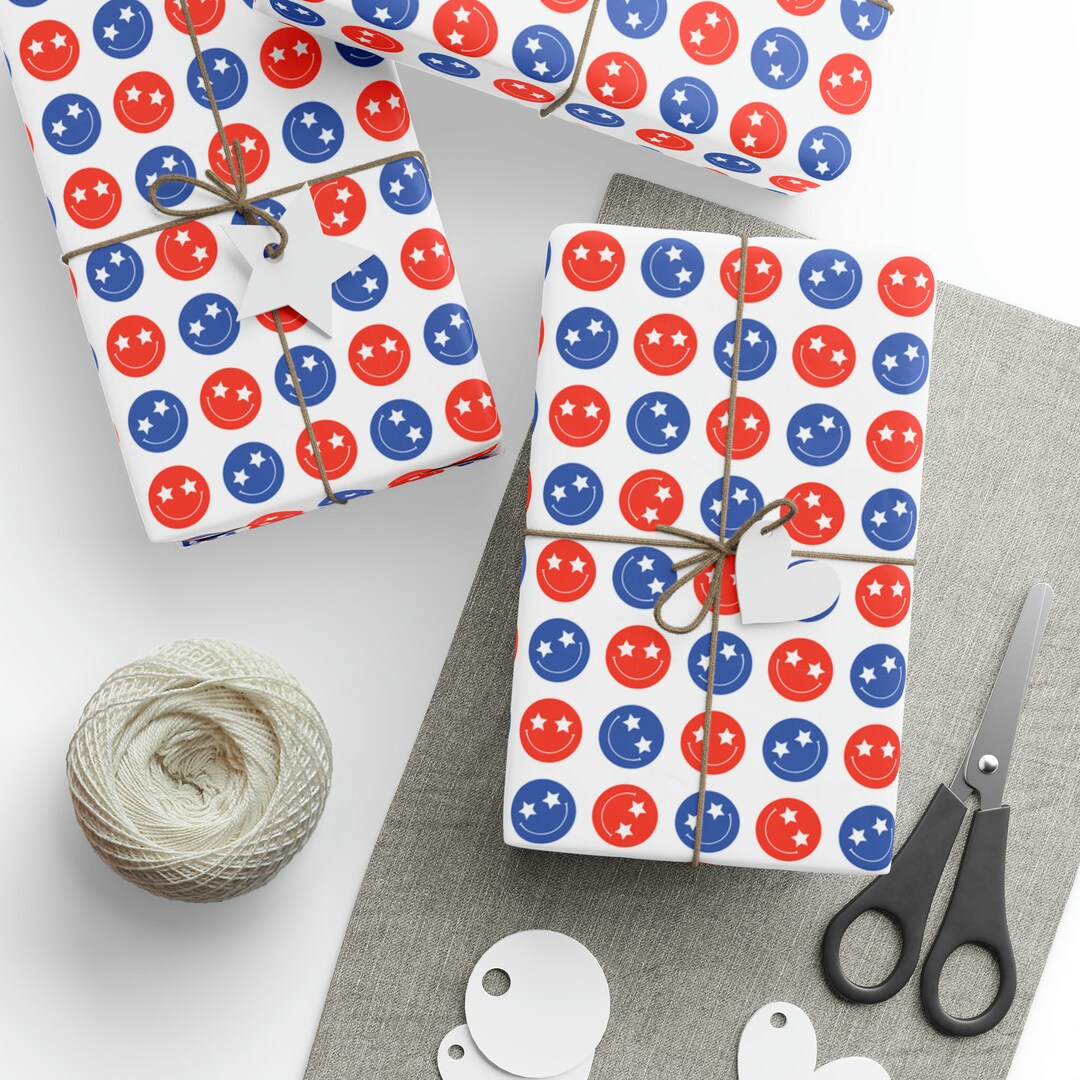 Patriotic Wrapping Paper Roll, Happy Face Gift Wrap, Red White Blue ...