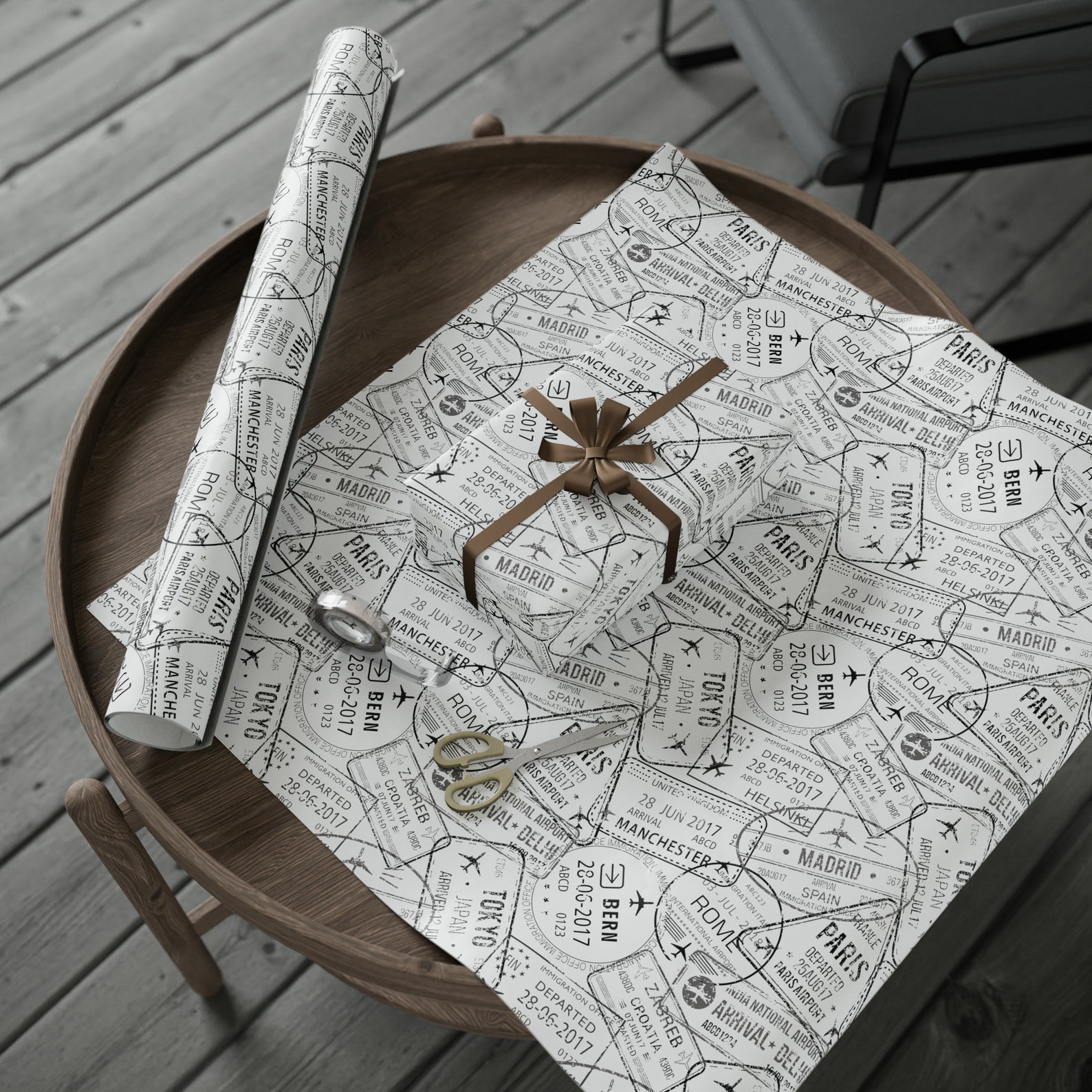 Passport Stamps Wrapping Paper Roll, Vacation Travel Gift Wrap, Black ...