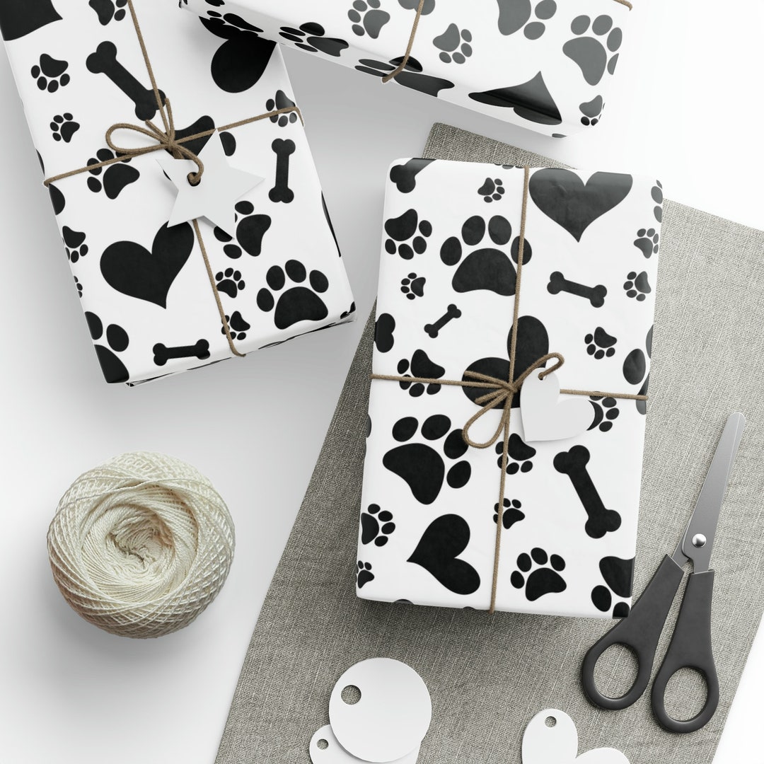 Paw Print Dog Bones Wrapping Paper Roll, Black and White Hearts Pet Dog ...