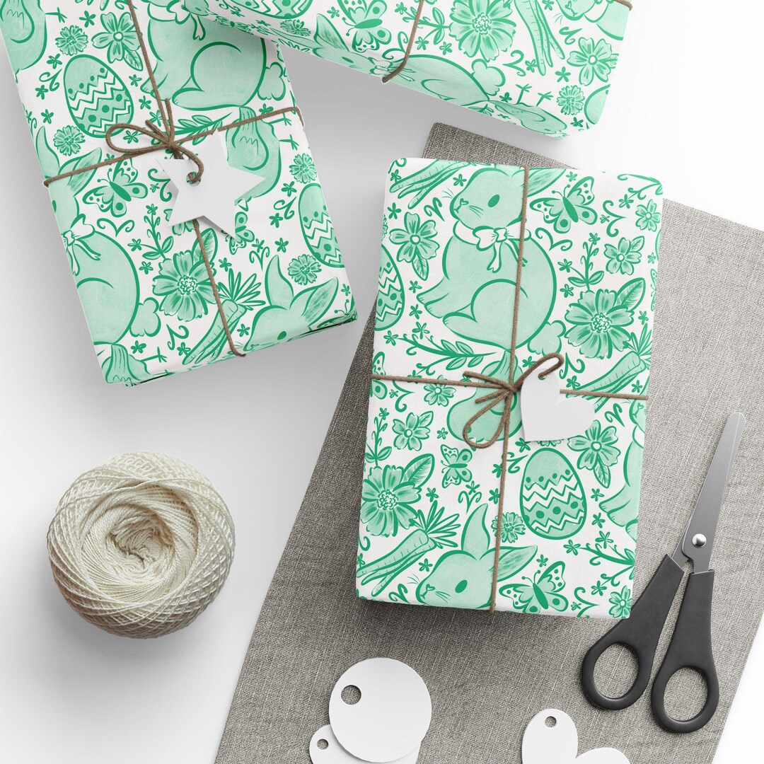 Easter Wrapping Paper Roll, Green and White Toile Gift Wrap, Bunny ...
