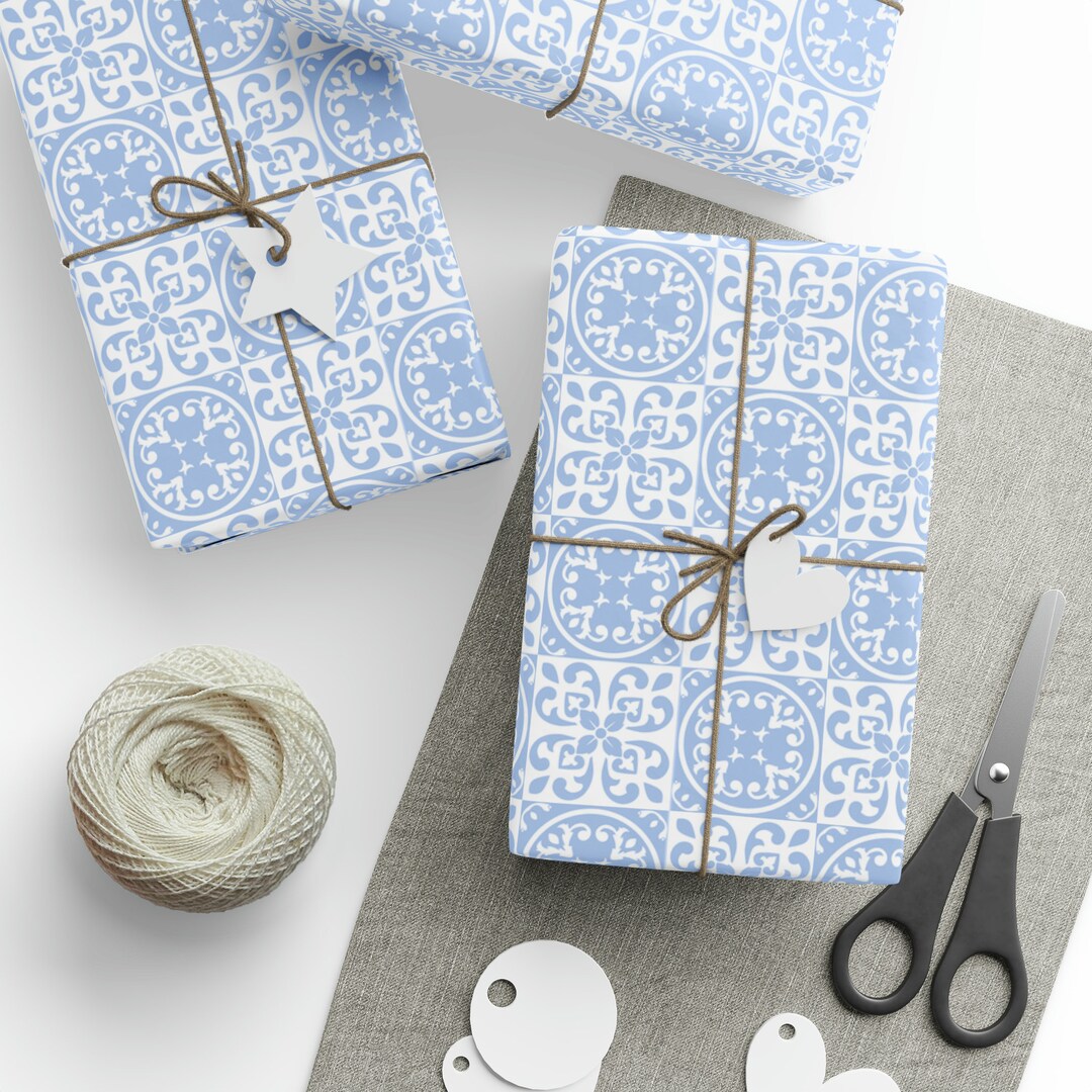 Mediterranean Tile Wrapping Paper Roll, Blue and White Gift Wrap ...