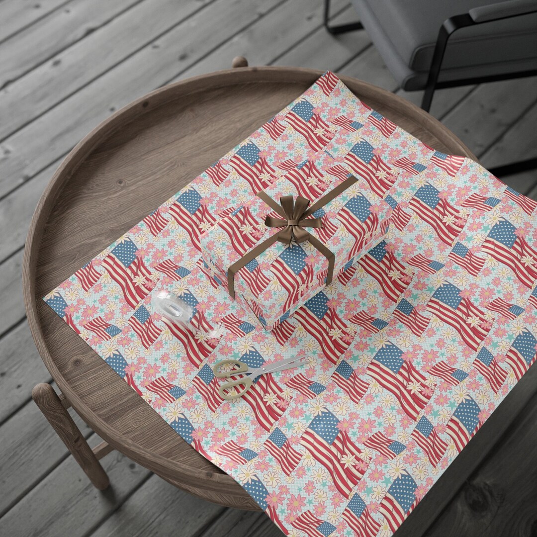 Floral American Flag Wrapping Paper Roll, Patriotic Flag Gift Wrap, USA ...