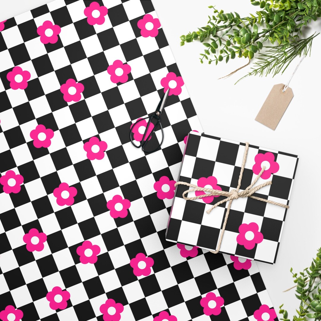 Checkered Wrapping Paper Roll Black and White Hot Pink - Etsy