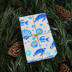 Blue Underwater Gift Wrapping Paper Roll, Ocean Turtles Seashells Fish ...