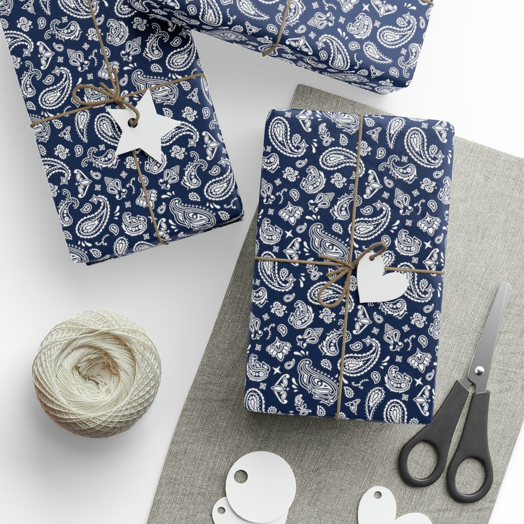 Blue Bandana Gift Wrapping Paper, Western Gift Wrap, Christmas Wrap ...