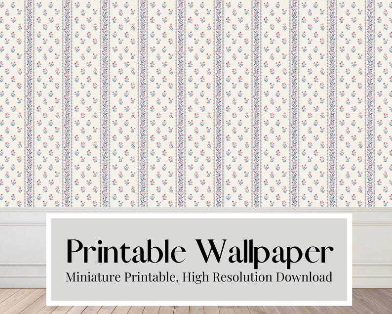 Dollhouse Wallpaper: Blue & Red Floral Print (1/12 Scale Digital ...