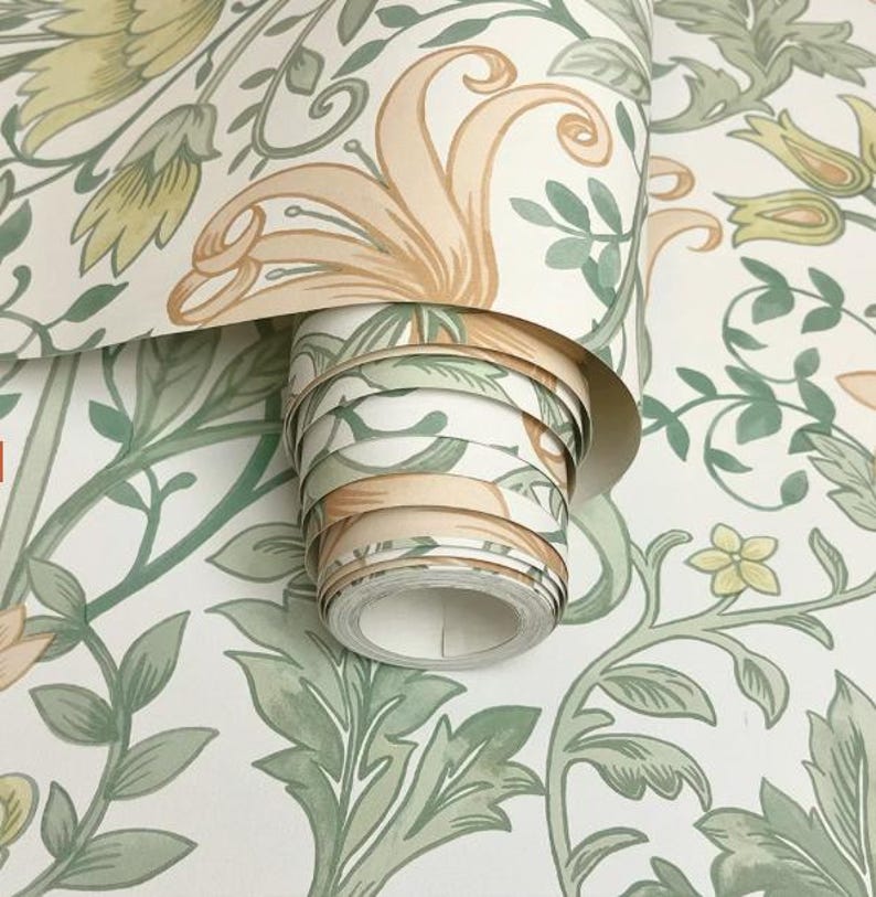 William Morris Dollhouse Wallpaper: Apricot, Sage Green, Peel & Stick ...